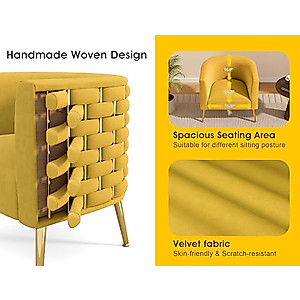 Dewhut Modern Velvet Barrel Accent Chair, Comfy Wide Handmade Woven Bucket Arm Chair, Fluffy Tufted Upholstered Single Sofa Chair for Living Room, Bedroom, Office, Waiting Room(Yellow)