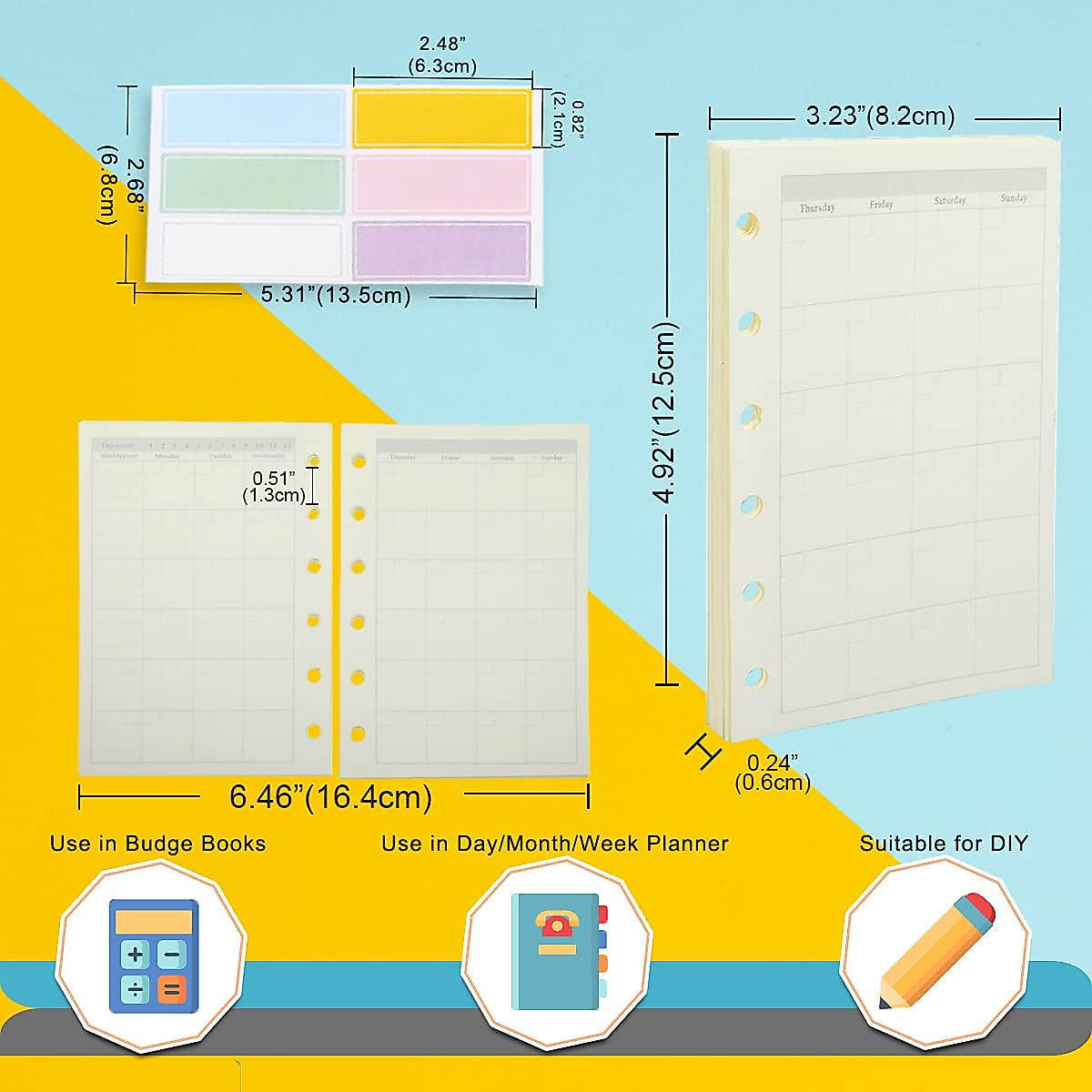 A7 Planner Refill,4 Packs per Set, Monthly Plan Paper, A7 Pocket Binder Refills Inserts 6 Ring with Label Stickers Gift,Mini Binder Refills,6 hole/100gsm Thick Paper/4.84 x 3.23'', Harphia