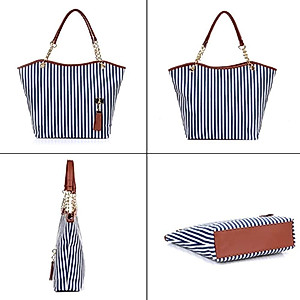 Rullar Women Tassel Canvas Handbag Purse Stripes Tote Fashion Shoulder Bag Large Capacity Satchel(Blue Stripe)