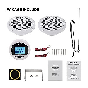 Herdio Marine Radio and Speakers Set Compatable with Bluetooth, Marine Gauge Head Unit+6.5 Inch Marine Flush Wall Mount Ceiling Speakers+Rubber Flexible Mast FM AM Antenna White
