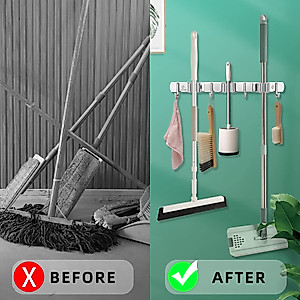 2 Pack Mop and Broom Holder Wall Mount, broom and mop organizer wall hanging, Stainless Steel Broom Hanger, Heavy Duty Mop Holder for Home, Kitchen, Laundry Room, Garage (3 Racks 4 hooks, silver)