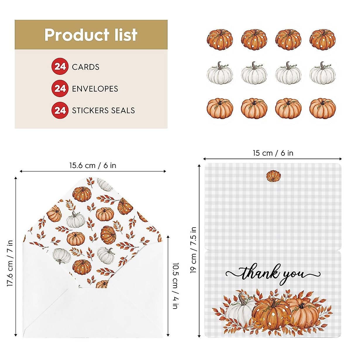 Artoid Mode 24 Pack Pumpkin Leaves Thank You Cards Fall Greeting Cards Gift With Envelope Sticker Blank Note Cards for Birthday Wedding Baby Shower Bridal Shower, 4 x 6 Inch