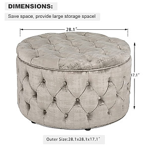 Homebeez 28 Inch Round Velvet Storage Ottoman, Button Tufted Footrest Stool Bench Coffee Table for Living Room (Beige)