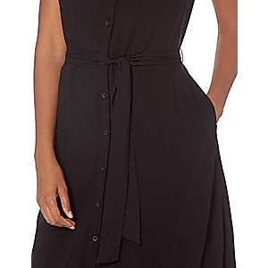 Amazon Essentials Women's Short-Sleeve Midi Button Front Tie Dress, Black, Large
