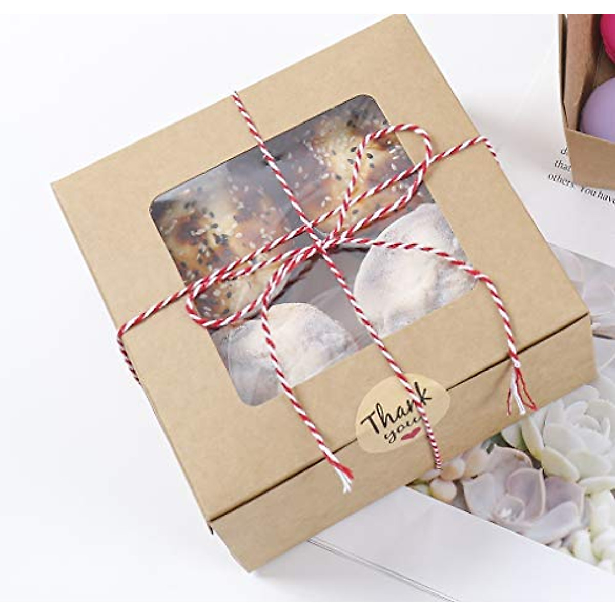 ST.LORIAN 15 Packs Bakery Cupcake Boxes with Window and Inserts 4 Holders,Twine and Stickers,6x6x3 Inch Food Grade Kraft Cookie Boxes for Muffins,Small Cakes,Cupcakes(15 Packs, Kraft)