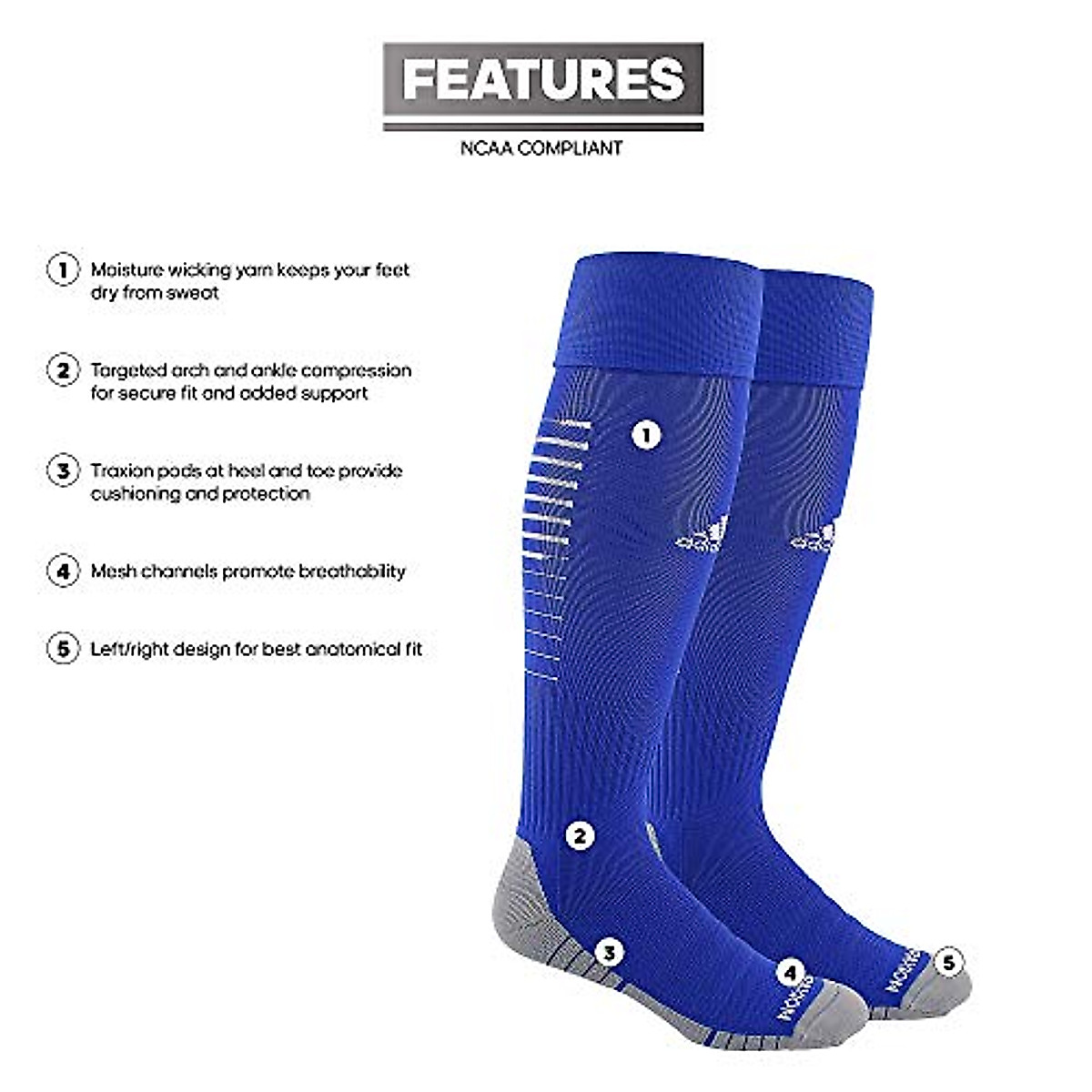 adidas Speed 2 Soccer Socks for Boys, Girls, Men and Women (1-Pair), Team Royal Blue/White/Light Onix Grey, Large