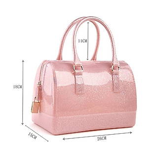 Ladies Summer Jelly Pillow-shaped Top Handle Handbag Candy Color Transparent Crystal Purse (Glitter Pink)