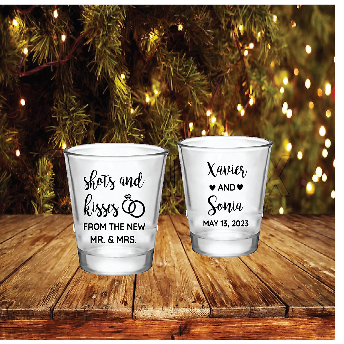 1.75oz Personalized Glass Shot Glass Favors "shots and kisses" use for Wedding, Engagement, After Party, Bridal Shower or your Rehearsal Dinner !