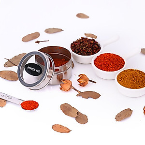 24 Magnetic Spice Tins, 200 Spice Labels, 4 Stainless Steel Measuring Spoons by Hanindy. Magnetic Spice Containers Organizer Storage Condiment Jar Set of 24, Clear Lid, Sift and Pour