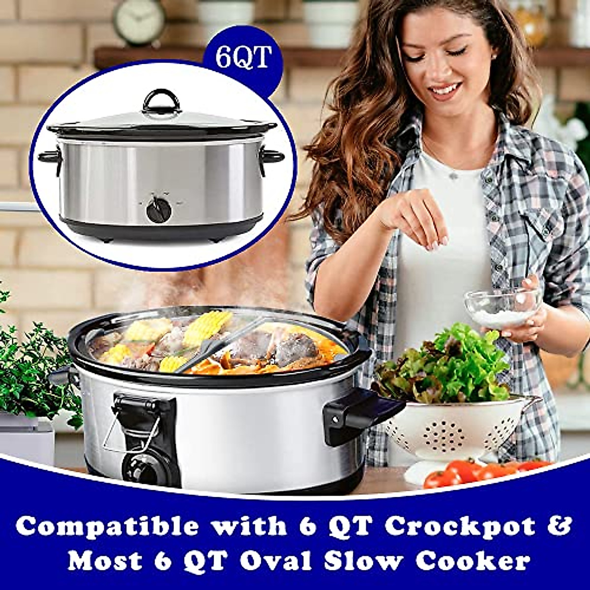 2-in-1 Silicone Slow Cooker Liners fit for 6-7 QT Crockpot, Silicone Slow Cooker Divider Liner, Reusable/BPA Free/Leakproof/Slow Cooker Accessories Cooking Liner for 6-7 Quart Pot
