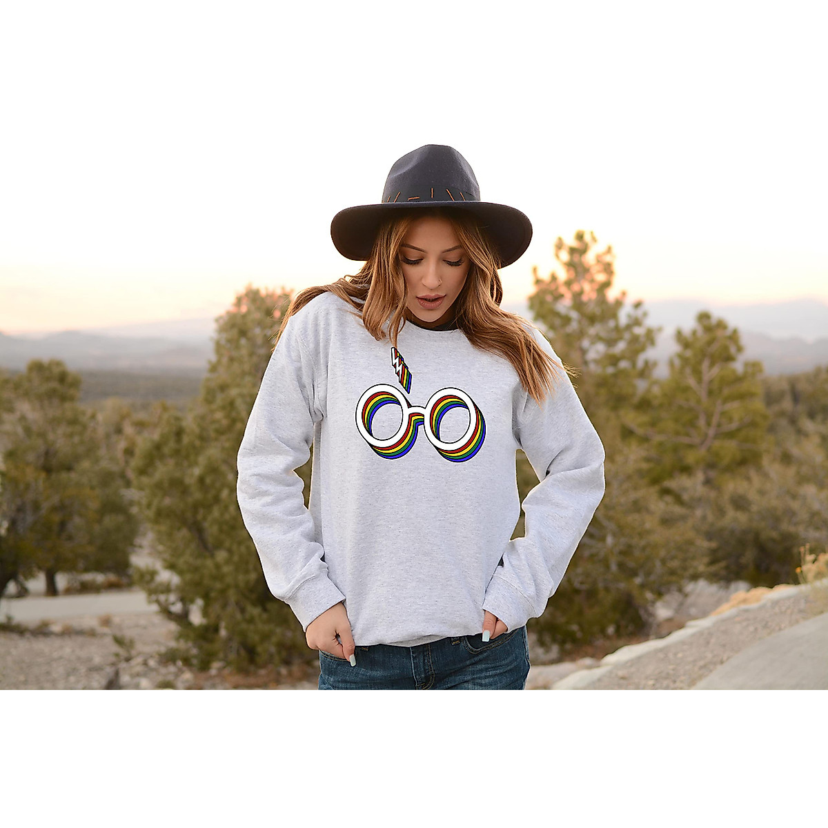 Outlook Designs Glasses and Bolt Fashion Sweatshirt, Wizard Glasses Scar Unisex Crewneck Sweatshirt, XL Black, Multicolored Glasses