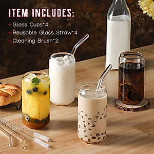 NETANY Drinking Glasses with Glass Straw 4pcs Set - 16oz Can Shaped Glass Cups, Beer Glasses, Iced Coffee Glasses, Cute Tumbler Cup, Ideal for Whiskey, Soda, Tea, Water, Gift - 2 Cleaning Brushes