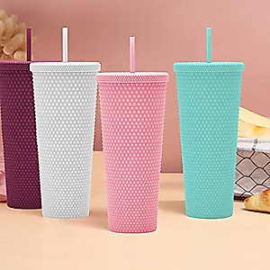 Essasea 24oz Fully Studded Tumbler.Matte Black Studded Tumbler with Lid and Straw.Reusable Double Walled Insulated Travel Tumbler.Plastic Acrylic Pastel Colored Tumbler Cup for Iced Coffee Smoothie.