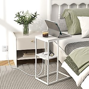 Yoobure C Shaped End Table with Charging Station, Small Side Tables for Living Room Bedroom, Sofa Table with USB Ports and Outlets for Small Spaces, Couch Table Rustic Snack Table Bed Side Table