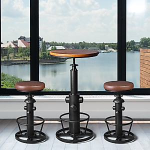 BOKKOLIK Vintage Bistro Table Height Adjustable 38.6-44.4inch Industrial Bar Table for Kitchen Dining Room Coffee House Pub Office Swivel Round Wooden Top for 2-3 People