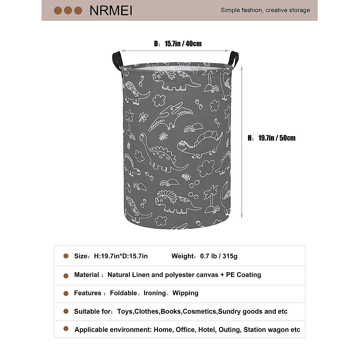 NRMEI Round Storage Basket Laundry Basket Foldable Waterproof Coating Nursery Hamper for Living Room Bedroom and Clothes Toys(Round Line Dinosaur),19.7inchH x 15.7inchD inches