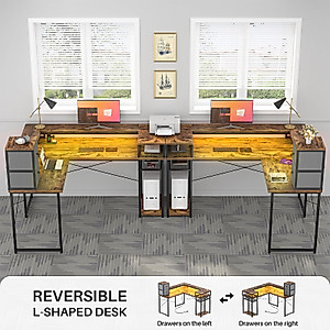 armocity L Shaped Desk with Drawers, Reversible Corner Computer Desk with LED Light & Power Outlet, 55.2'' L-Shaped Gaming Desk with Long Monitor Shelf, Home Office Desk for Small Corner Space, Rustic