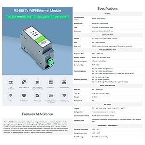 RS485 to WiFi/Ethernet Module, Rail-Mount Serial Server, Modbus MQTT Gateway, Support 802.11b/g/n Wireless Standards, Support RS485 to WiFi, RS485 to Ethernet, Ethernet to WiFi, etc.