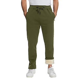 Flygo Men's Fleece Pants Sherpa Lined Sweatpants Active Athletic Winter Warm Jogger Pants(Straight Bottom ArmyGreen-M)