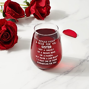 DAZLUTE Funny Sister Gift, I Would Fight A Bear for You Stemless Wine Glass, Sisters Gifts From Sisters, Birthday Christmas Galentines day Gifts for Sister Soul Sister Sister in Law Big Sister, 15Oz