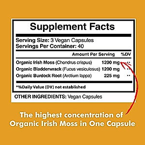 Organic Sea Moss 2625mg, Seamoss, Hand Harvested, Irish Moss Bladderwrack and Burdock Root, Sea Moss Capsules, Irish Sea Moss Alternative to Sea Moss Powder, Sea Moss Gel, 120 Vegan Capsules