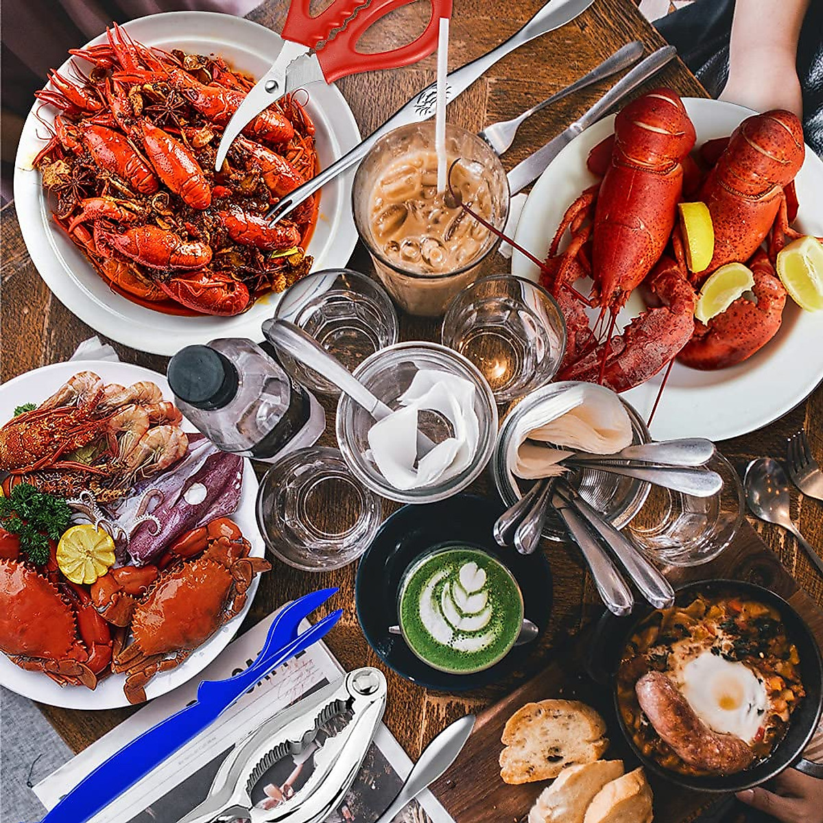 Crab Leg Crackers and Tools, Seafood Tools Set and Picks Set includes 2 Crab Crackers, 2 Lobster Shell Forks, 2 Crab Leg Forks, 2 Seafood Scissors and 1 Storage Bag