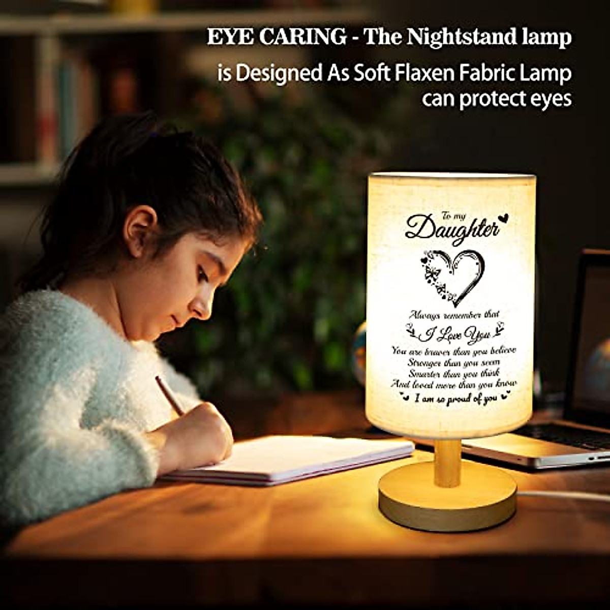 SOUHONEY Daughter Gifts from Mom Dad Table Lamp - Best Birthday Gifts for Daughter Fabric Wooden Desk Lamp - Christmas Gifts for Bedroom Living Room Graduation Season Gifts for Daughter