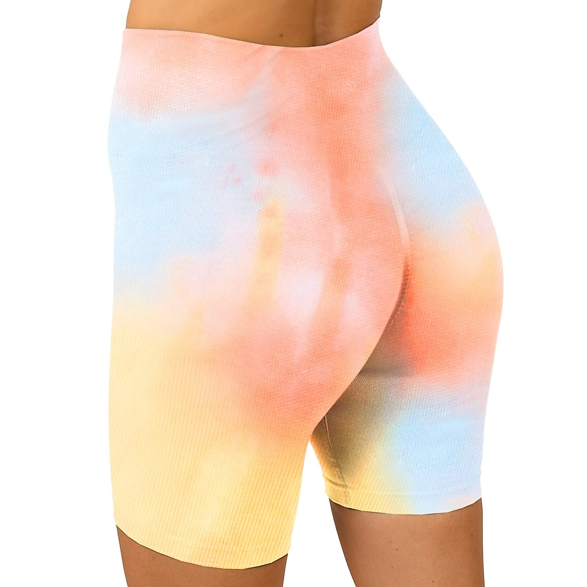 MAXXIM Womens Tie Dye Biker Shorts High Waisted Seamless Scrunch for Gym Workout Yoga Running Orange Sunrise Medium