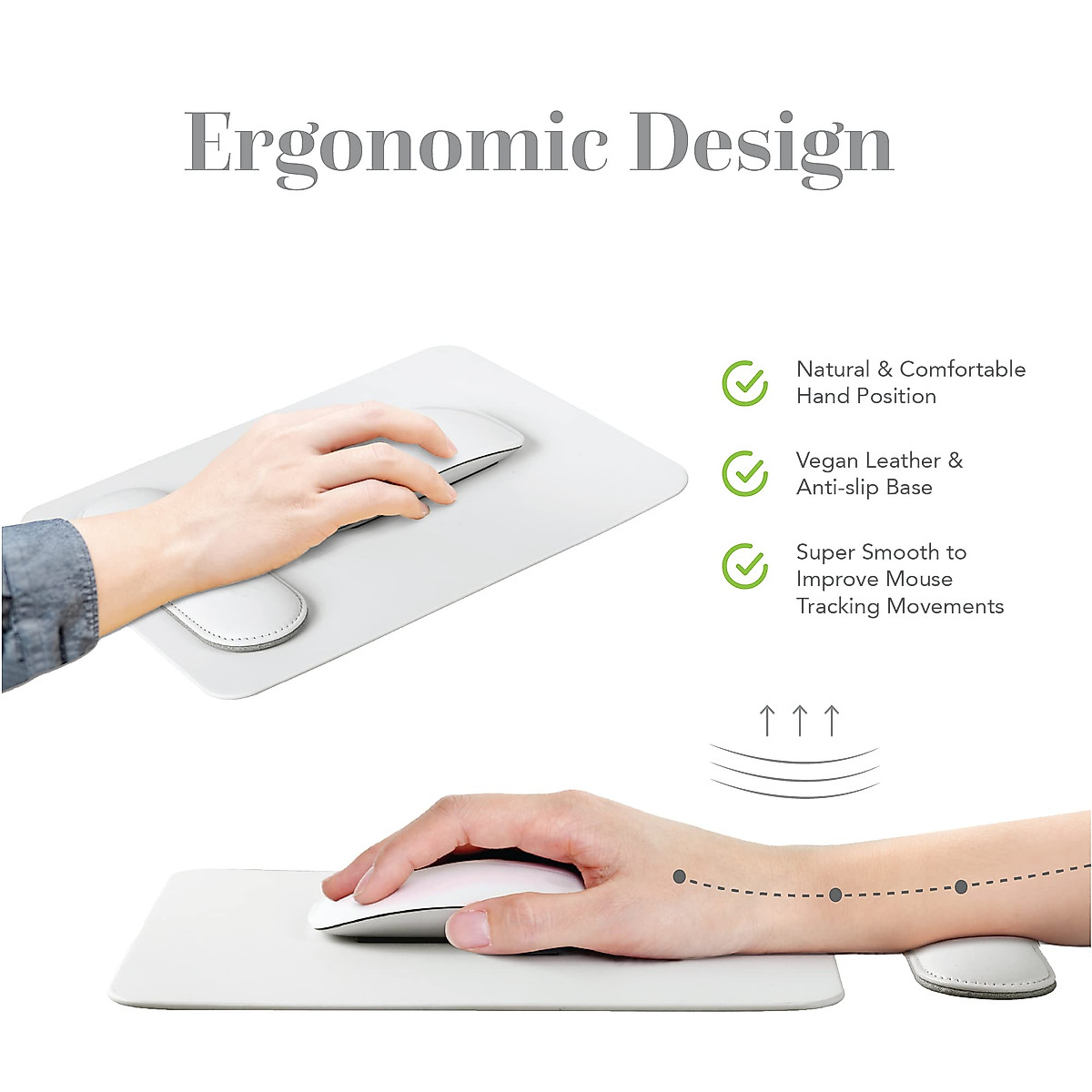 HABITU Vegan Leather White Mouse Pad with Removable Magnetic Wrist Support & Anti-Slip Base, Ergonomic Mouse Pad with Wrist Rest, Cute Office Desk Accessories for Women and Men