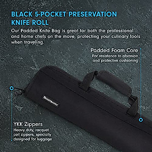 Messermeister Preservation 5-Pocket Knife Luggage, Black - 5 Elasticized, Reinforced Pockets for Culinary Tools - Holds Up to 18” Knife - Made From 100% Recycled Water Bottles