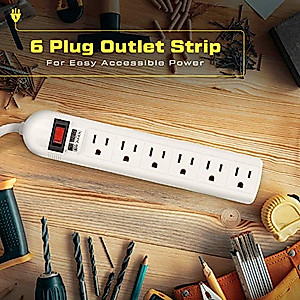 6 Outlet Power Strip T-Type - 90 Joules Surge Protector, 14 AWG x 3C, 15 Amp Shock Proof, 3 Prong, White - by Revpex