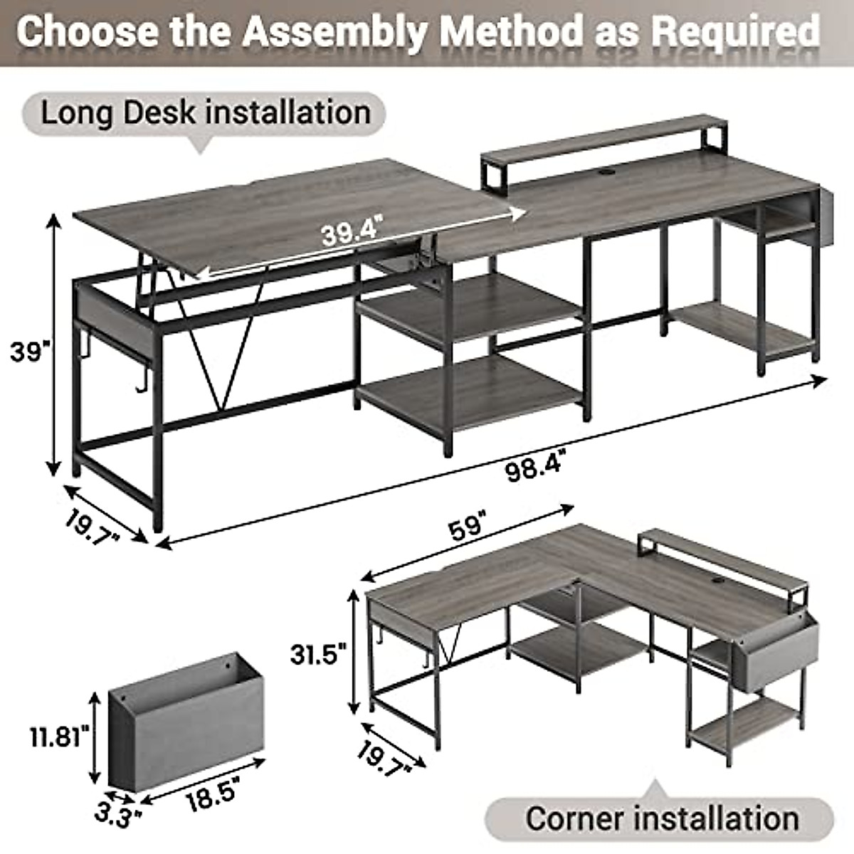 SEDETA L Shaped Desk with Lift Top, 98.4" Computer Desk, Standing Desk Adjustable Height with Storage Shelves, Monitor Stand, and Headphone Hooks for Home Office, Ivory Grey