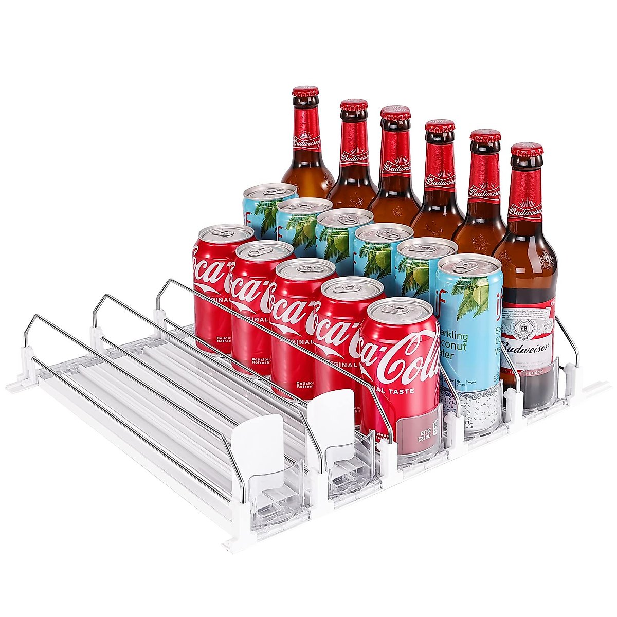 Drink Organizer for Fridge, Self-Sliding Soda Can Organizer for Refrigerator and Adjustable Width, 12oz 16oz 20oz drinks can be accommodated, up to 40+ Cans（5+3 ROWS）