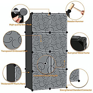 C&AHOME Cube Storage Organizer with Doors, 8-Cube Shelves, Closet Cabinet, DIY Plastic Modular Bookshelf, Storage Shelving Ideal for Bedroom, Living Room, 24.8" L × 12.4" W × 48.4" H Black UGSHS3008A