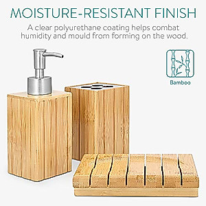 Navaris Bamboo Bathroom Accessories Set - 3-Piece Bath Set with Toothbrush Holder, Liquid Soap Dispenser, Soap Dish - Bath Accessory Trio 3 Pieces