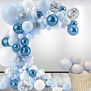 Blue Balloon Garland Arch Kit, 109 Pcs Macaron Blue Confetti & Metallic White Silver Balloons for Baby Shower Boy's Birthday Party Wedding Graduation Decoration Supplies