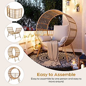 Brafab Outdoor Egg Chair, Oversized Wicker Patio Chairs with 6.69'' Cushions, 350LBS Capacity, Indoor Round Rattan Nest Chair with Stand, Easy Assembly Boho Chair for Living Room, Porch, Backyard