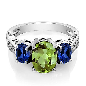 Gem Stone King 925 Sterling Silver Green Peridot and Blue Created Sapphire 3 Stone Ring For Women (2.71 Cttw, Gemstone Birthstone, Available In Size 5, 6, 7, 8, 9)