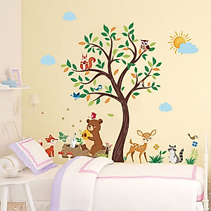 wondever Forest Animals Tree Wall Stickers Bear Deer Peel and Stick Wall Art Decals for Baby Nursery Kids Bedroom Playroom
