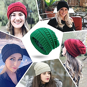Muryobao Womens Winter Warm Knitted Hat Satin Silk Lined Cable Knit Beanie Chunky Slouchy Skull Cap Green