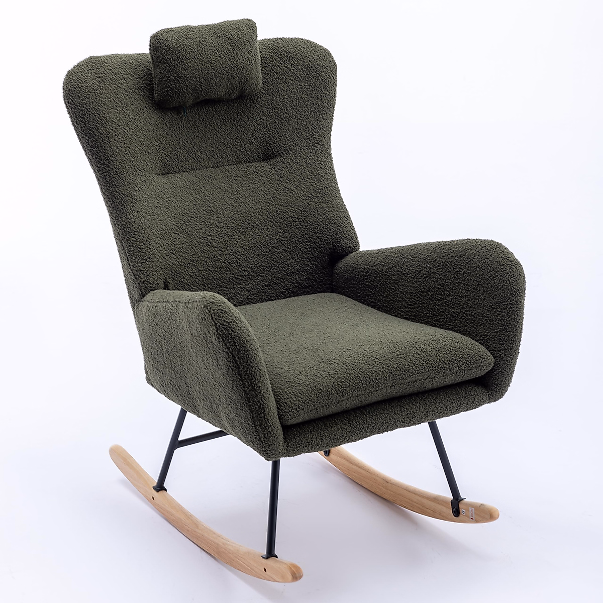Lepfun 35.5 inch Casual, Soft Teddy Velvet Fabric Rocking Chair for Nursery,Comfy Wingback Glider Rocker with Safe Solid Wood Base for Living Room Bedroom and Balcony,Dark Green