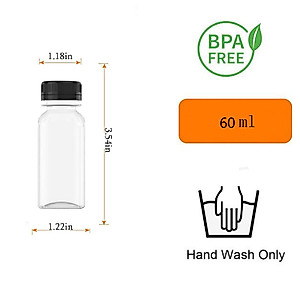 AQSXO 12 Pcs 2 OZ Mini Plastic Juice Bottles, Reusable Bulk Beverage Containers, Comes Black lid, for Juice, Milk and Other Beverages.