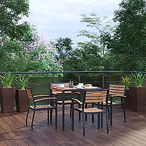 Flash Furniture 5 Piece Outdoor Dining Table Set - Synthetic Teak Poly Slats - 35" Square Steel Framed Table with Umbrella Holder Hole - 4 Stackable Club Chairs