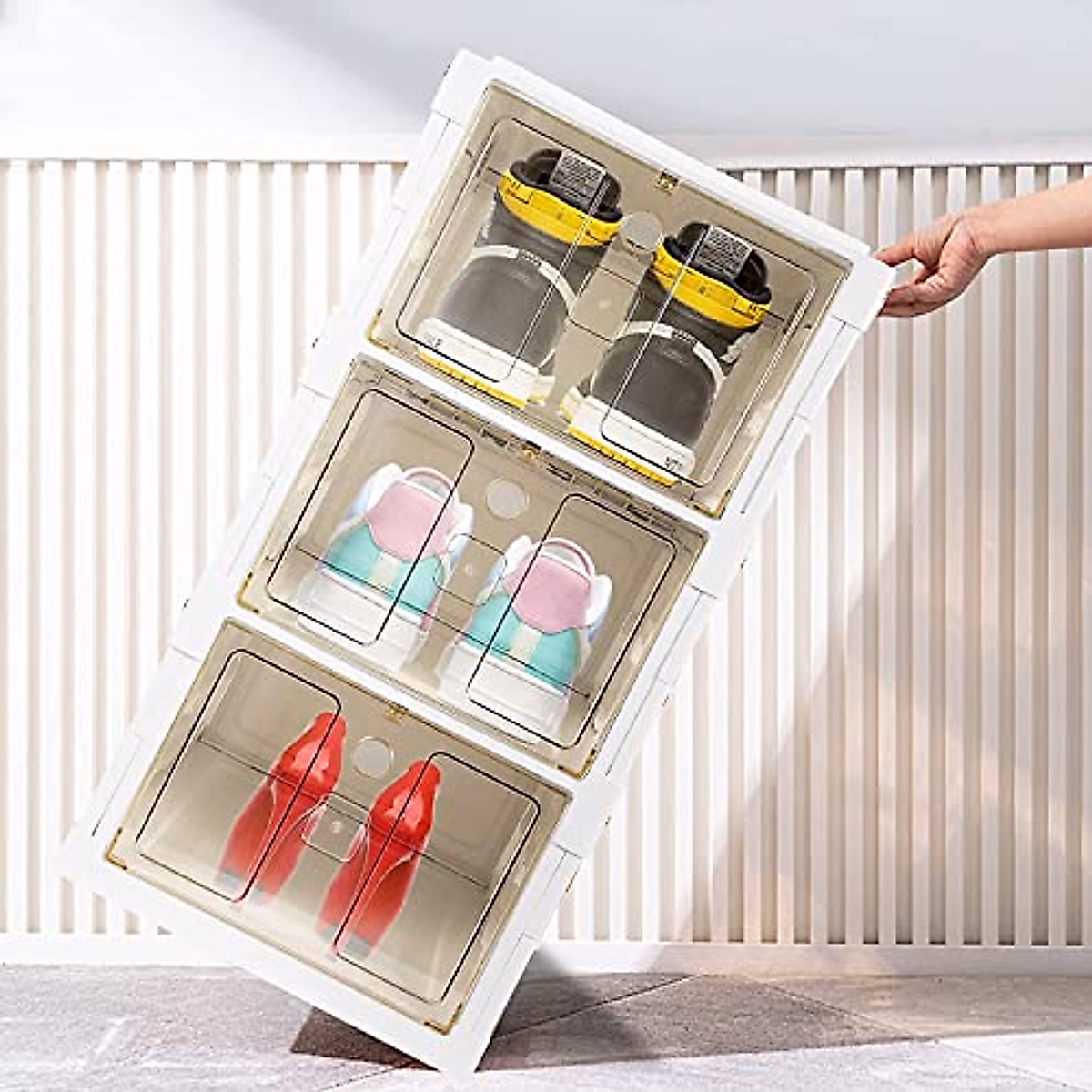 Shoe Storage Boxes Clear Plastic Folding Shoe Box Storage Containers, 3 Layers Shoe Box Organizer for Women Men Plastic Dustproof for Sneaker, Heel, Sandal, White