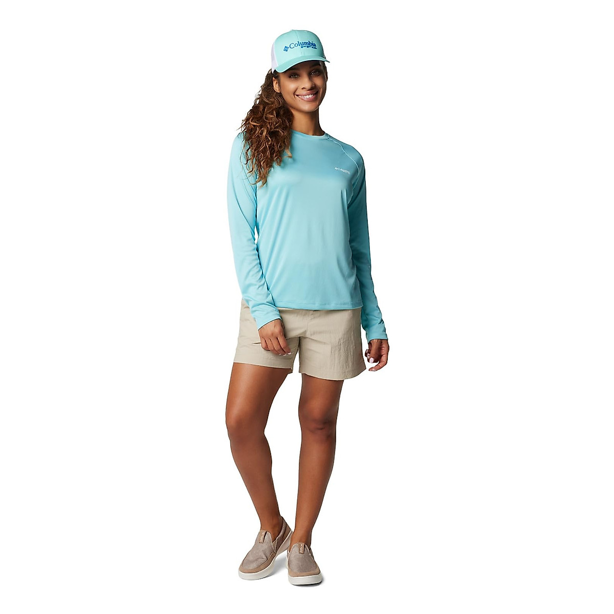 Columbia Womens PFG Tidal Tee II Long Sleeve Sun Protection Shirt, Clear Blue/White Logo, Medium