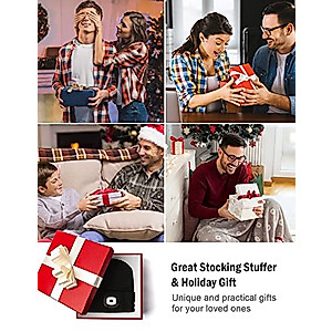 Bluetooth Beanie Hat with Light, Unisex USB Rechargeable LED Headlamp Cap with Headphones, Built-in Speakers & Mic Winter Knitted Night Lighted Music Hat, Gifts for Men Him Husband Men and Women Red