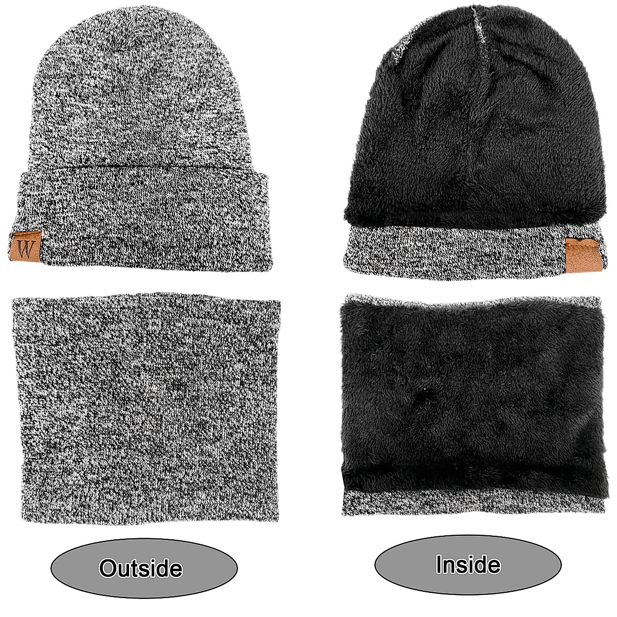 Mens Winter Hat Scarf Gloves 3 in 1, Fleece Lined Thick Warm Beanie Hats Set, Knit Slouchy Skull Caps (Grey)