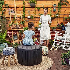 Keter Circa 3-in-1 Outdoor Resin Ottoman Deck Storage Box with 37-Gallon Storage, All-Weather, Easy Assembly, Stylish Patio Table and Seat, Brown