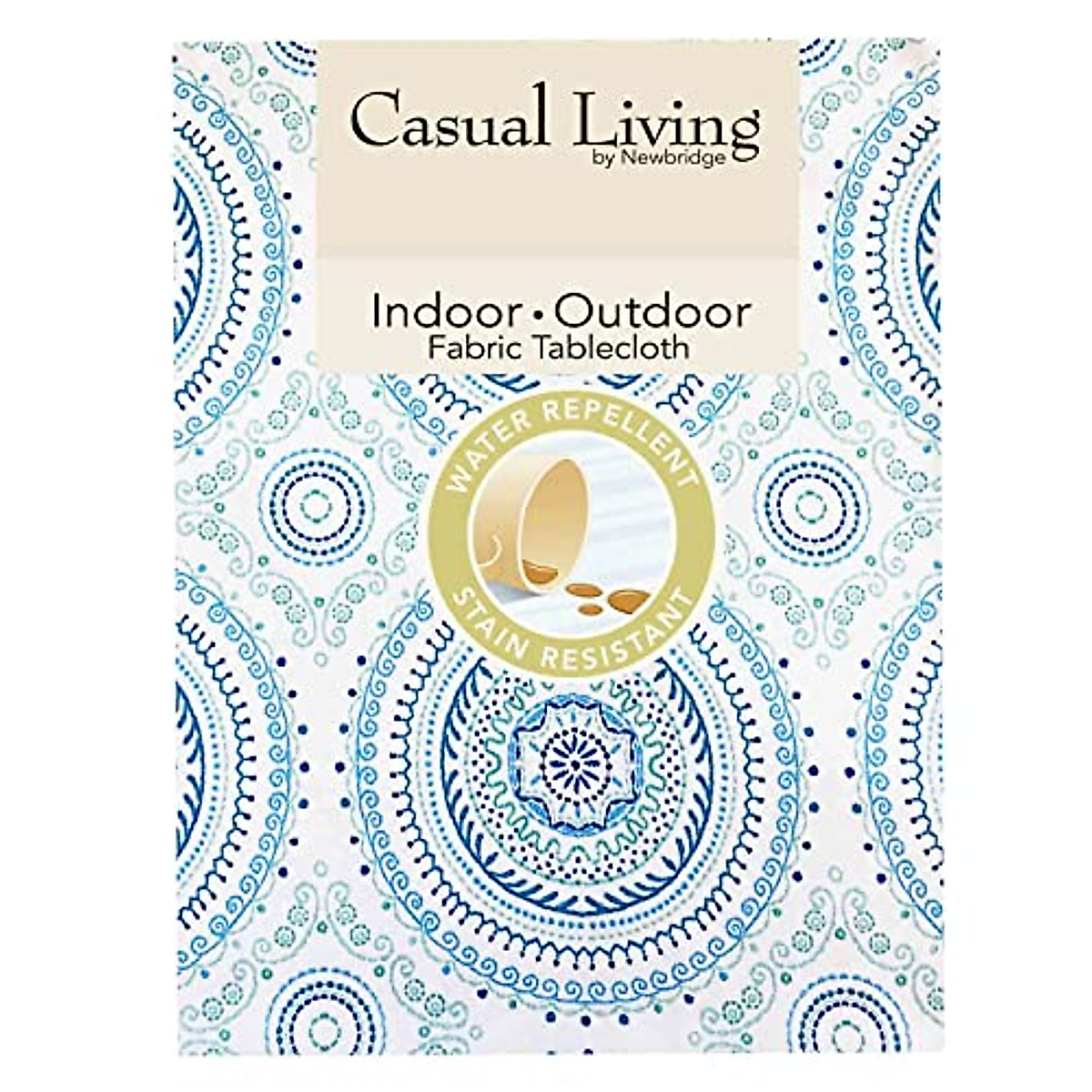 Newbridge Blue Circle Stitch Contemporary Boho Chic Print Indoor/Outdoor Soil Resistant Fabric Tablecloth, 60” X 84” Oval, Blue