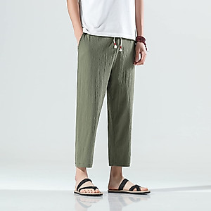 PRIJOUHE Mens Harem Pants Casual Lightweight Loose Fit Capri Pants Linen Beach Pants with Elastic Waistband